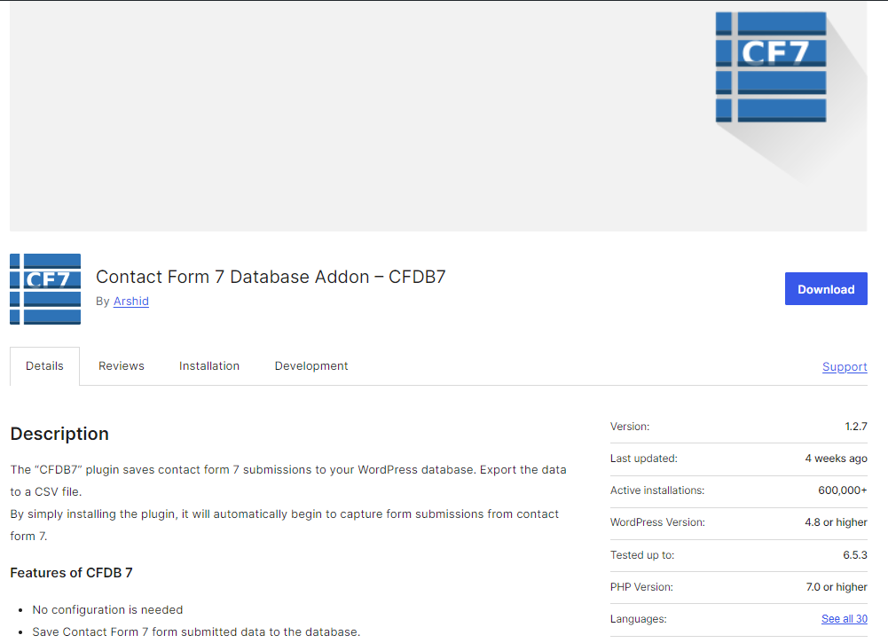 Plugin giúp lưu dữ liệu Contact Form 7 vào Database