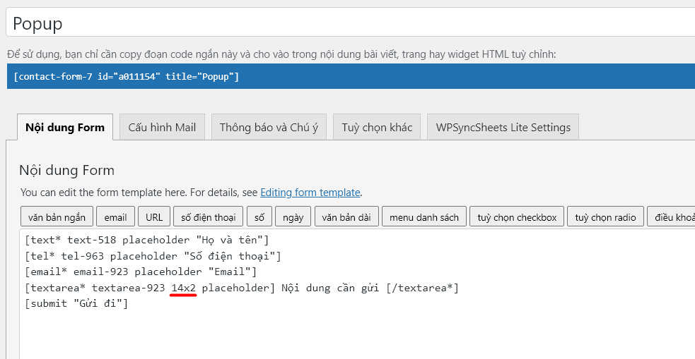 Cách thêm rows và cols vào textarea của Contact Form 7